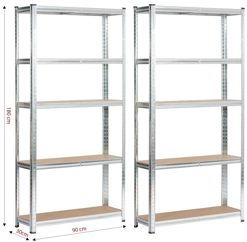 Sada 2 ks kovových regálů REGMET 90x30x180 cm stříbrná