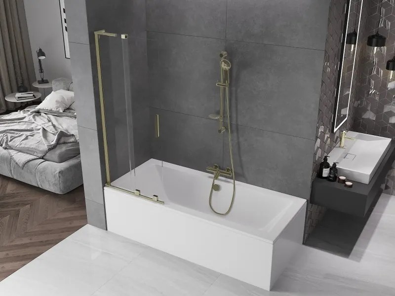 Mexen Velar L, 2-křídlová posuvná vanová zástěna 70 x 150 cm, 8mm čiré sklo, zlatý lesklý profil, 896-070-003-01-50