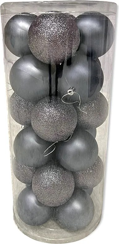Sada vánočních ozdob šedá 8 cm plastové koule, 12× matná, 12× glitter, balení 24 baněk