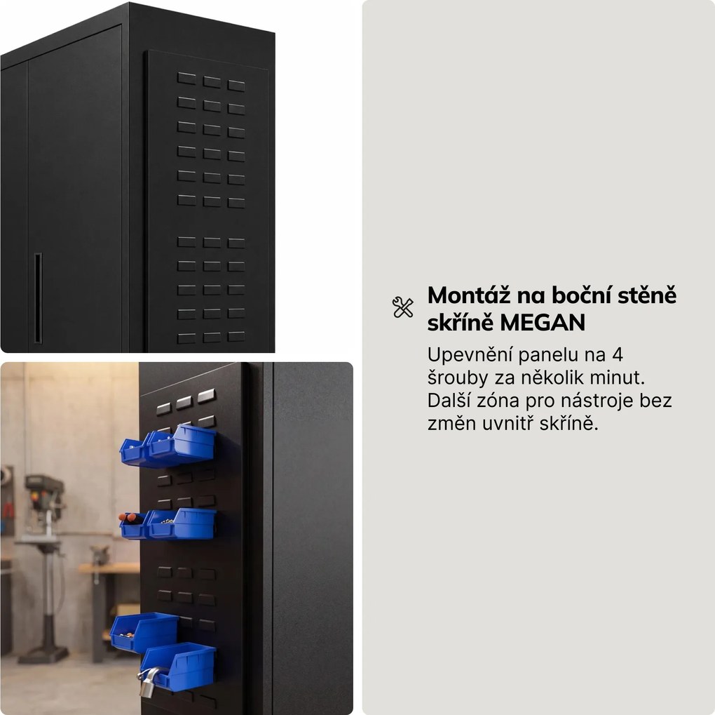 Perforovaná deska na nádoby boční černá, 334x684x18 mm: příslušenství k MEGAN