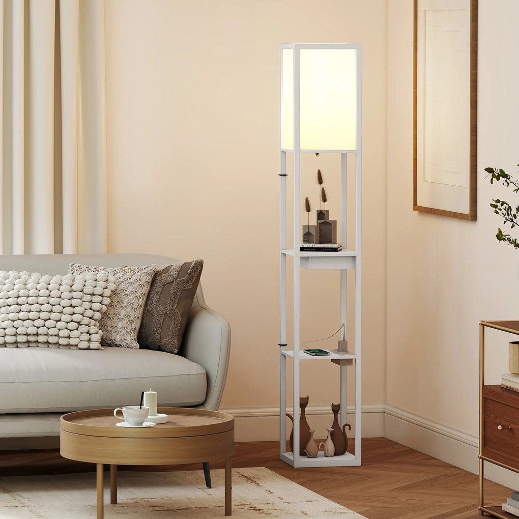 HOMCOM Stojací lampa s 3stupňovou policí, nožní spínač, USB porty, MDF, bílá