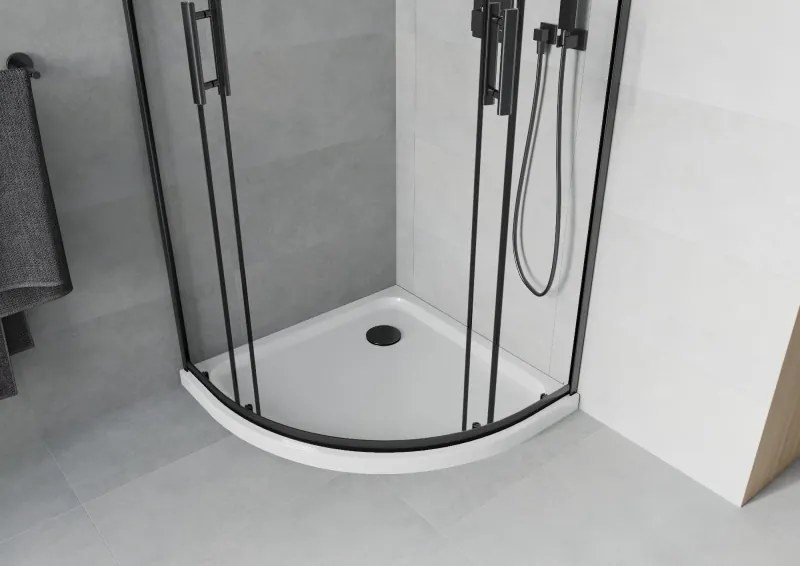 Mexen Rio, čtvrtkruhový sprchový kout 90 x 90 cm, 6mm čiré sklo, černý profil + bílá sprchová vanička, 863-090-090-70-00-4110B