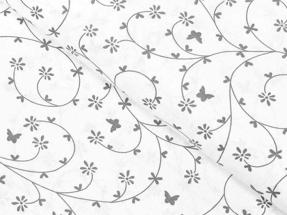 Biante Bavlněný běhoun na stůl Sandra SA-049 Drobné šedé květiny a motýlci na bílém 20x140 cm