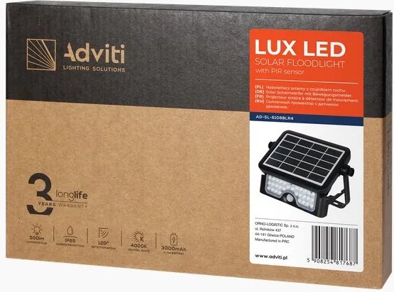 Solární reflektor ORNO AD-SL-6108BLR4, 500lm, IP65, 4000K, 2x1500mAh, černá