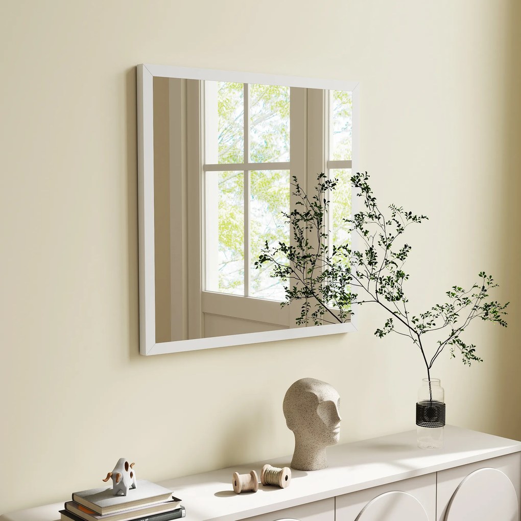 HOMCOM čtvercové nástěnné zrcadlo 50 × 50 cm, bílý MDF rám