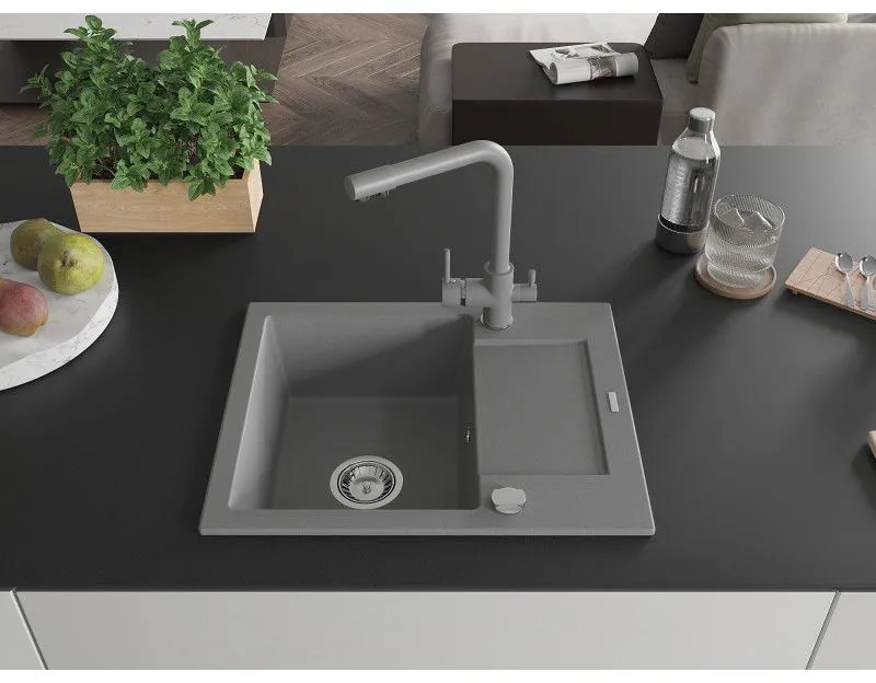 Mexen Enzo, granitový dřez 576x465x174 mm, 1-komorový, šedá matná baterie Duero, šedá, 6506-71-671600-71