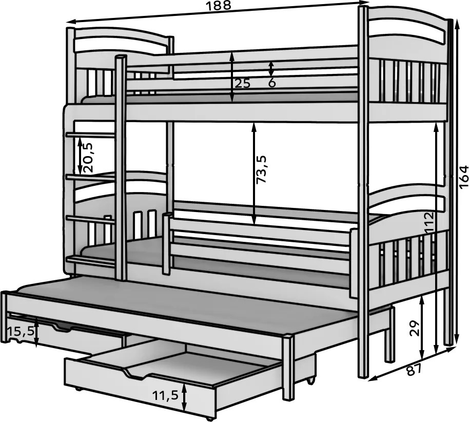 ADRK Furniture Třípatrová postel pro tři osoby s matracemi ADLO 180x80