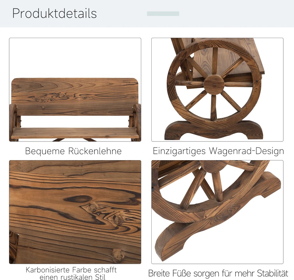 Zahradní lavice pro 2 osoby, masivní dřevo, rustikální design kol, nosnost 250 kg, 114 cm, tmavě hnědá