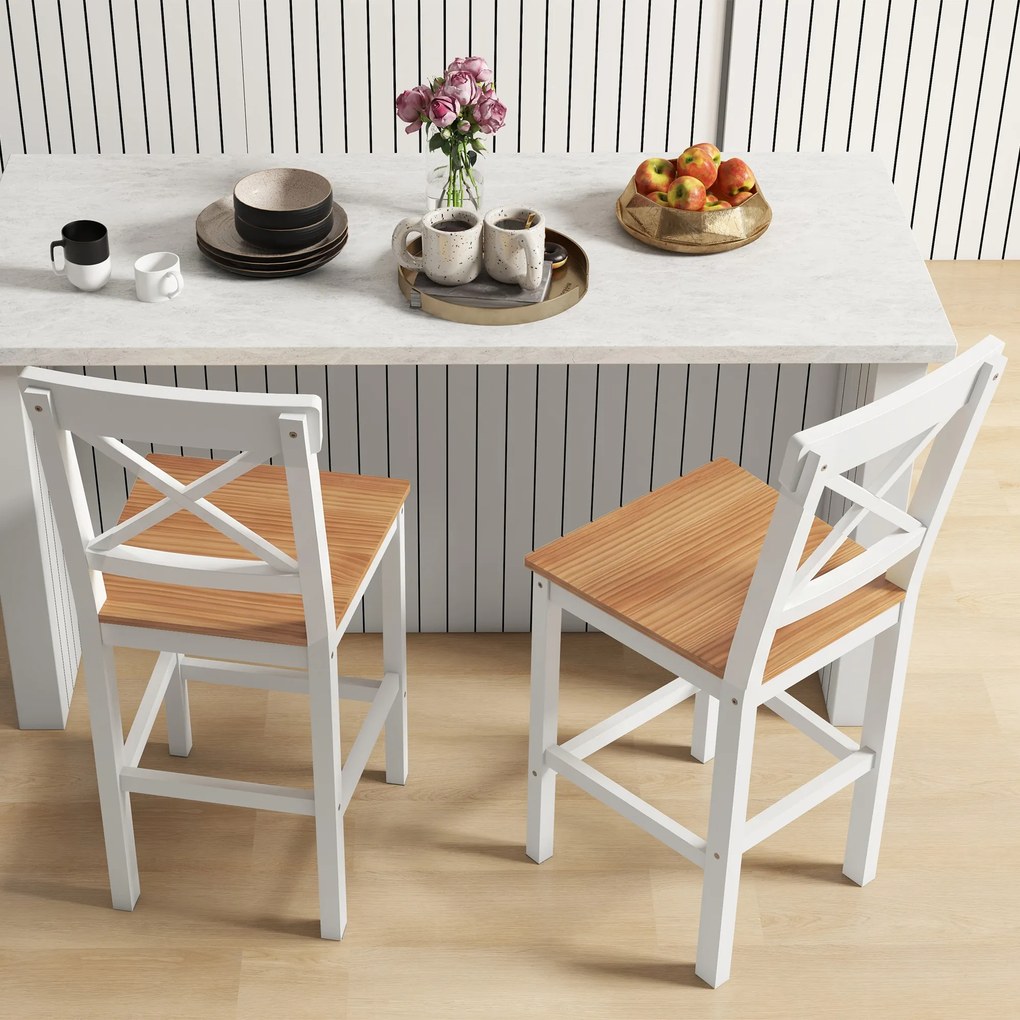 HOMCOM Set 2 Barových Židlí Vysoký Sedák 60,2 cm Dřevěné Kuchyňské Židle s Opěrkou a Podnožkou Nosnost 120 kg pro Jídelnu a Obývací Pokoj Přírodní a …