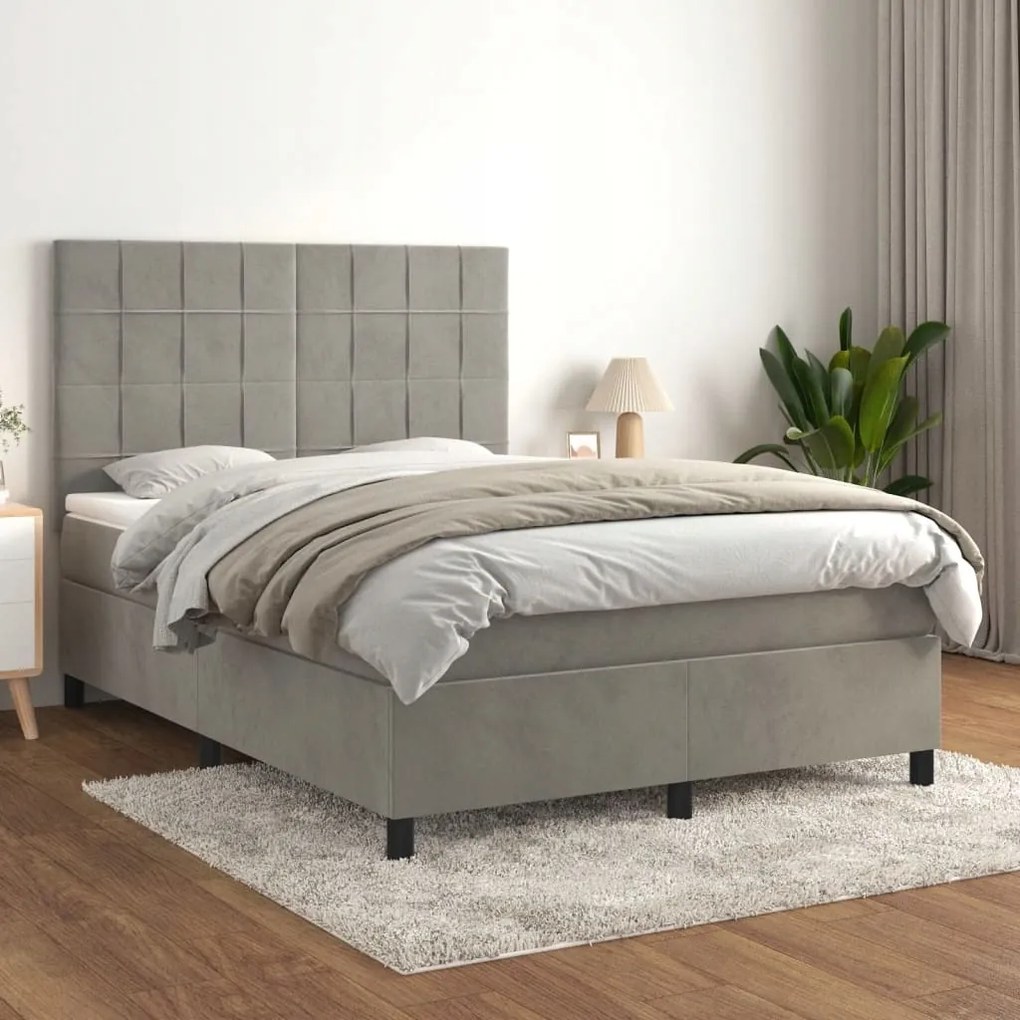 Box Spring Postel S Matrací Samet Blok se čtverci 140 x 200 c