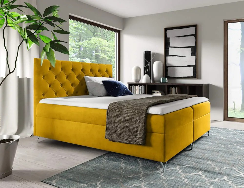 Boxspringová postel, 200x200, žlutá látka Velvet, GULIETTE + dárek