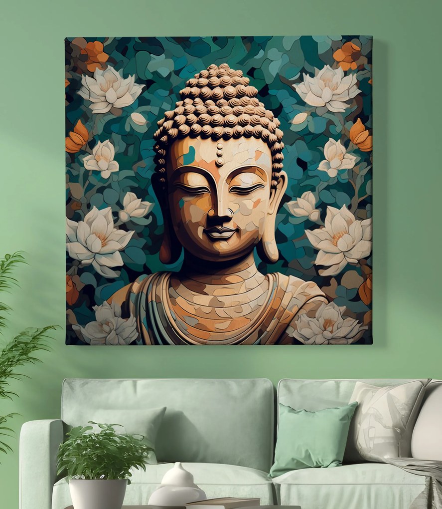 Obraz na plátně - Buddhova hlava a pozadí s květy FeelHappy.cz Velikost obrazu: 80 x 80 cm