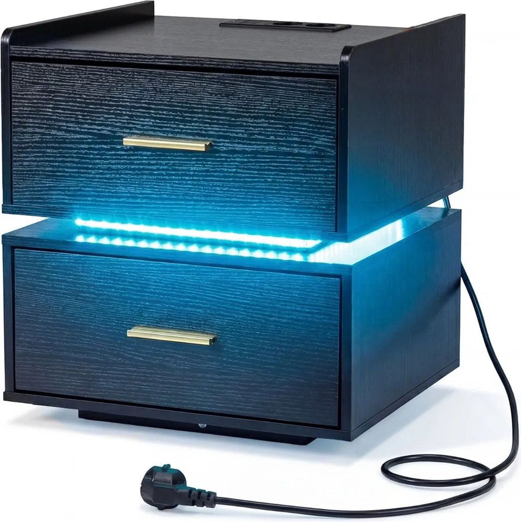 Costway Noční stolek s nabíjecí stanicí LED 2 zásuvky moderní poloplovoucí