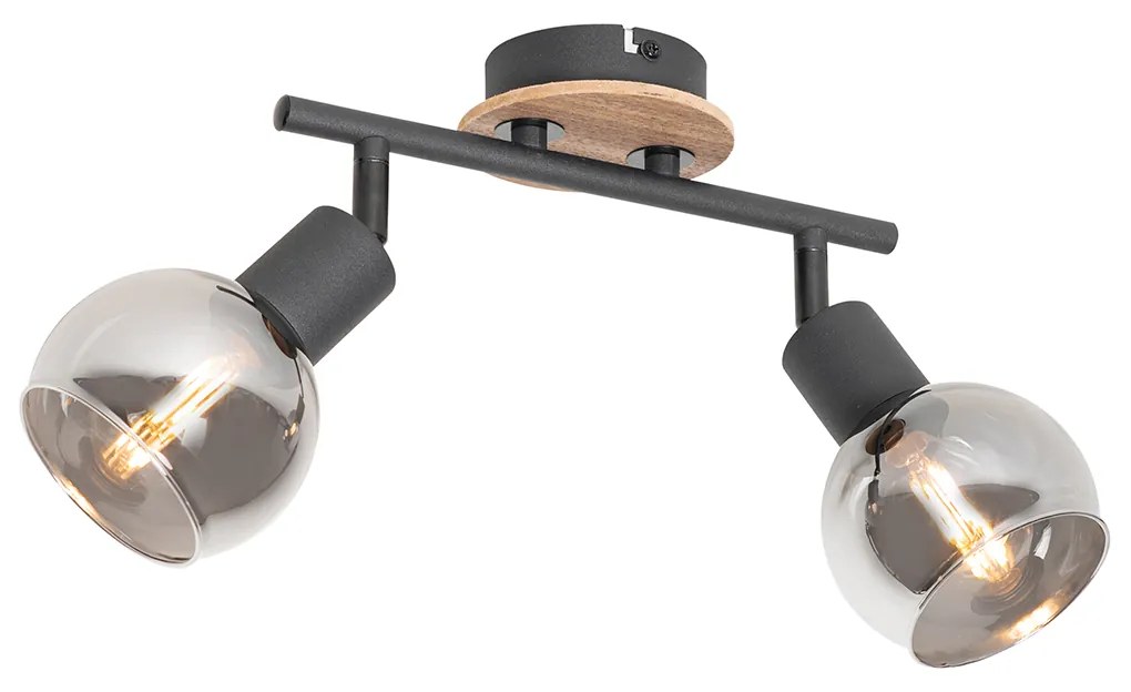 Stropní lampa černá s kouřovým sklem a dřevem 2-světlo - Vidro