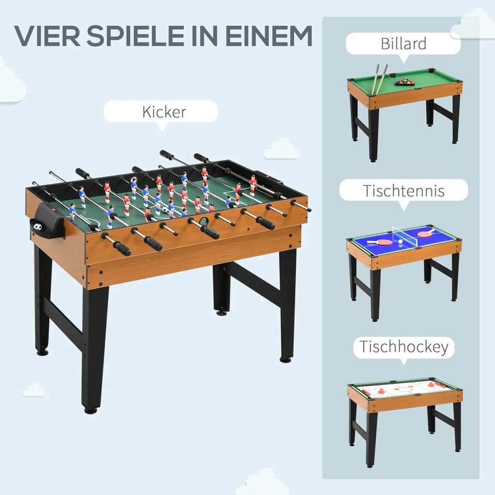 Multiherní stůl HOMCOM 4 v 1, párty herní stůl se stolním tenisem, stolním fotbalem, kulečníkem, stolním hokejem, pro zábavu více hráčů, ocel, přírod…