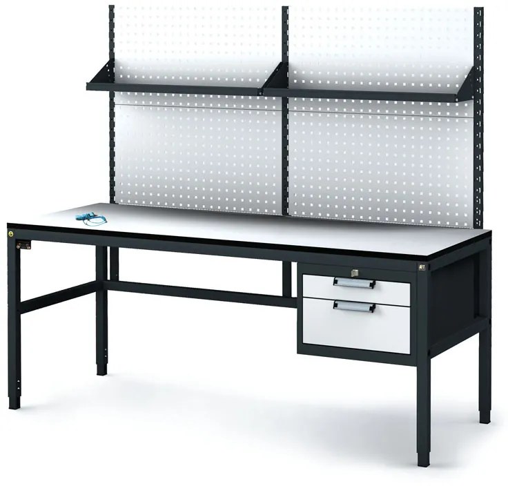 Antistatický dílenský ESD stůl s perfopanelem a policemi, 2 zásuvkový box na nářadí, 1800x800x745-985 mm