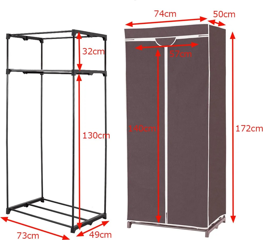 Costway Šatní skříň textilní látková s tyčí na šaty – 75 × 50 × 170 cm, hnědý