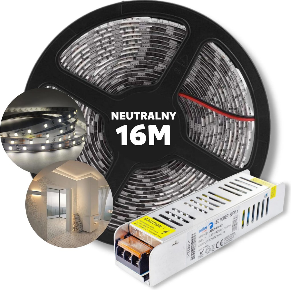 Set 16 m Led pásek Smd bílý neutrální s napájecím zdrojem 12 V