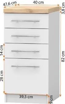 Spodní kuchyňská skříňka se šuplíky INEZ - 40 cm - bílá/dub craft zlatý