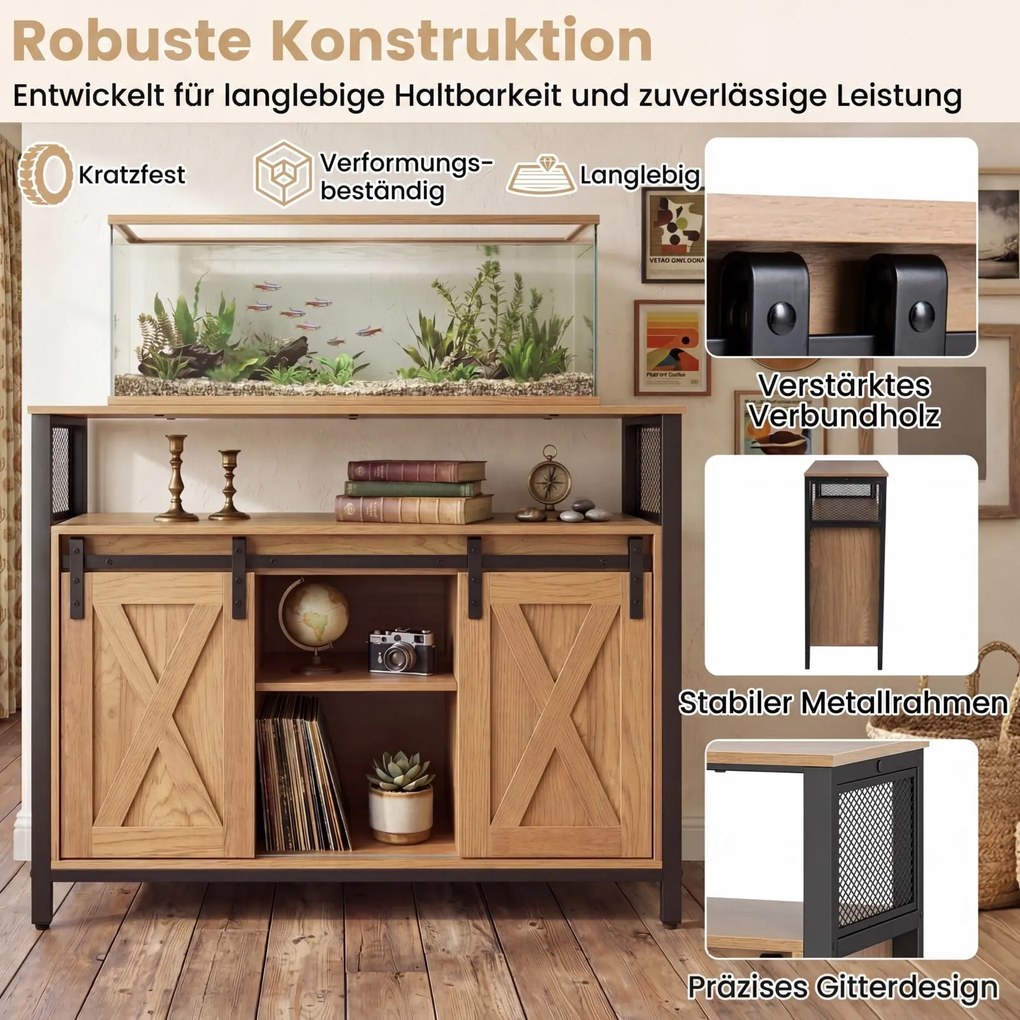 Costway Dřevěný příborník s kovovým rámem 2 posuvné dveře a 3 nastavitelné
