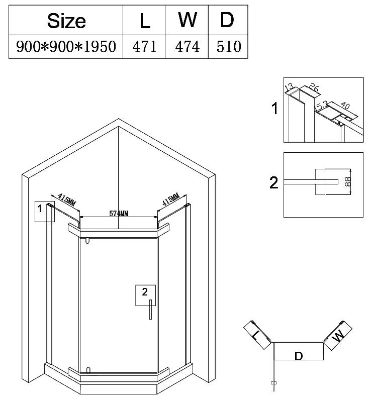 BPS-koupelny Pětiúhelníkový sprchový kout HYD-PK91B 90x90 zlatá/transparent