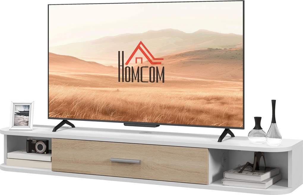 HOMCOM Nástěnný TV stojan, skříňka na TV pro televize až 50 palců s 2 otevřenými přihrádkami a skříňkou s klopným víkem 120L x 26W x 16H cm Bílá | Aos