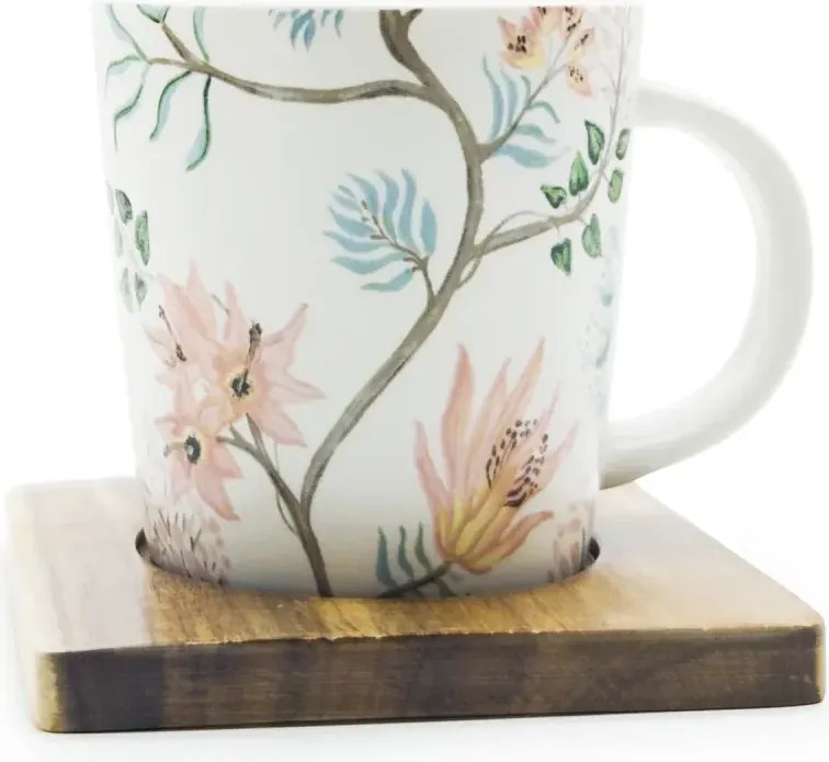 Porcelánový hrnek Fiore s podšálkem z akácie, 350 ml – květinový hrnek na čaj a kávu