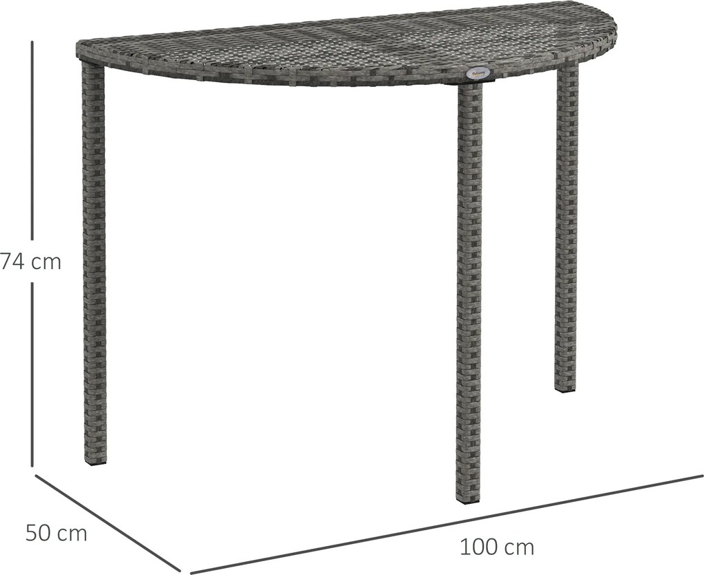 Outsunny půlkruhový balkonový stolek 100 x 50 x 74 cm zahradní stolek z polyratanu a kovu šedý pro terasu a balkon | Aosom.de