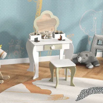 ZONEKIZ dětský toaletní stolek se stoličkou a zrcadlem, toaletní stolek pro dívky se zásuvkou a přihrádkami, design jednorožce, bílý