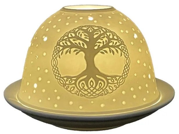 Bílý porcelánový svícen na čajovou svíčku strom života – 12x8 cm