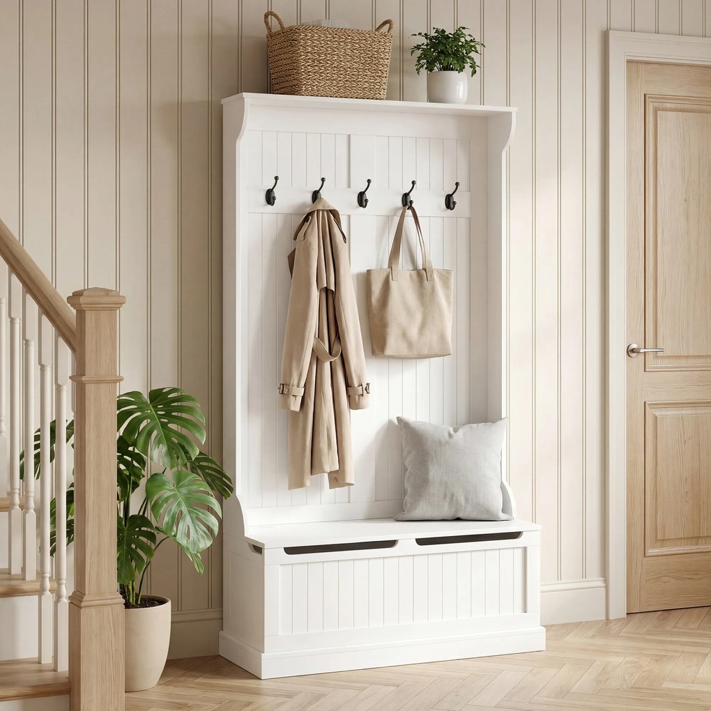HOMCOM věšák na kabáty s botníkem a lavičkou, organizační prvek do předsíně, s 5 háčky a úložným prostorem, 96x34x179,7cm, slonová kost
