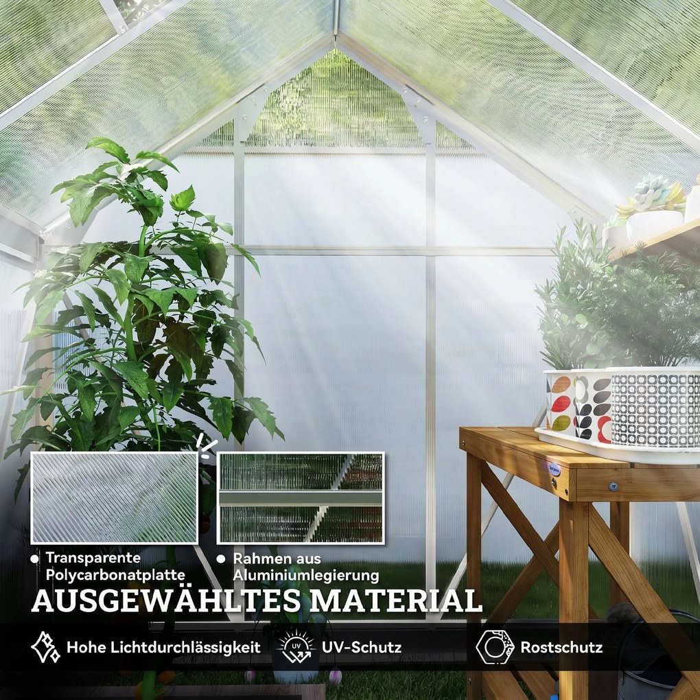 Outsunny hliníkový skleník 2,51 m² — 190 × 132 × 201 cm s pozinkovaným podstavcem, střešním větráním, posuvnými dveřmi, 4 mm UV-odolnými polykarbonát…