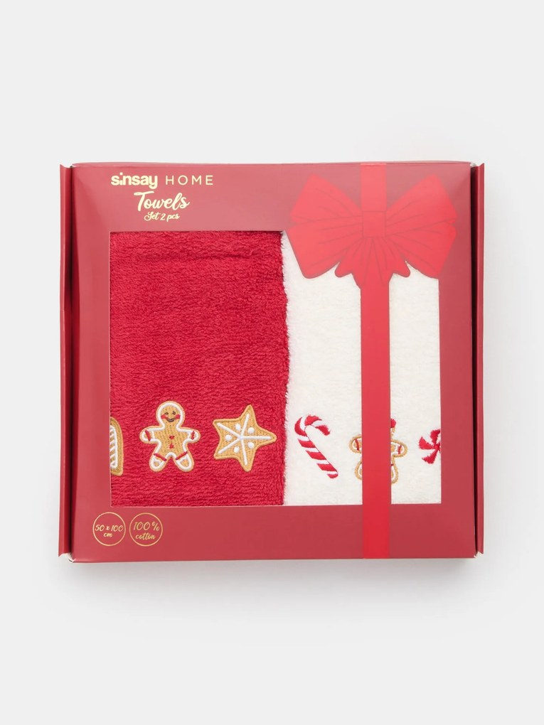 Sinsay - Bavlněné vánoční ručníky s perníčky a sladkostmi 2 pack - červená