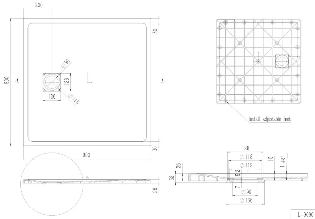 Erga Hyper, SMC sprchová vanička 90x90x2,6 cm + sifon, béžová matná, ERG-V06-SMC-9090S-BG