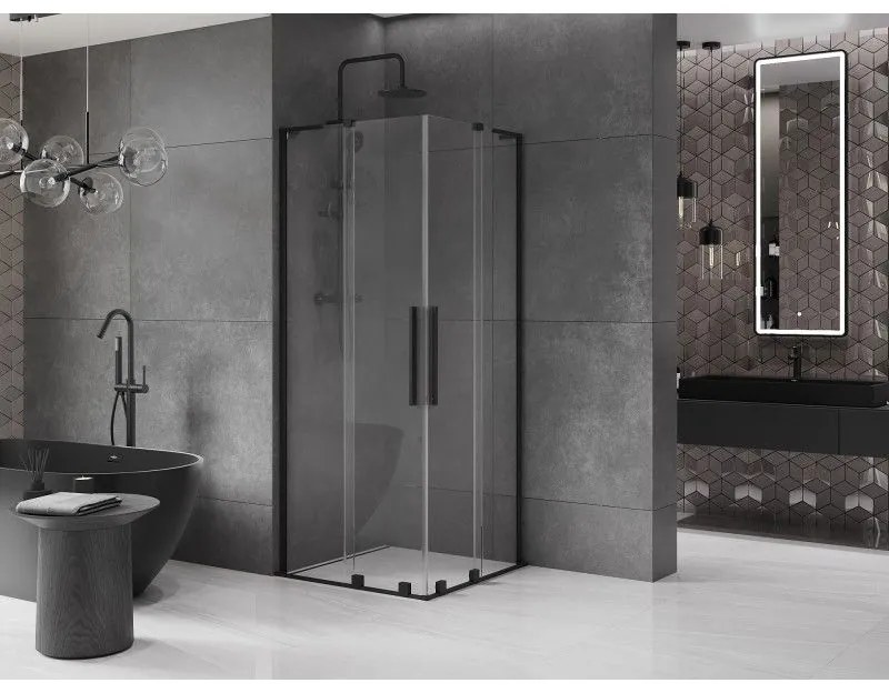 Mexen Velar L Duo, sprchový kout s posuvnými dveřmi 100 x 100 cm, 8mm čiré sklo, černá matná, 871-100-100-02-03-70
