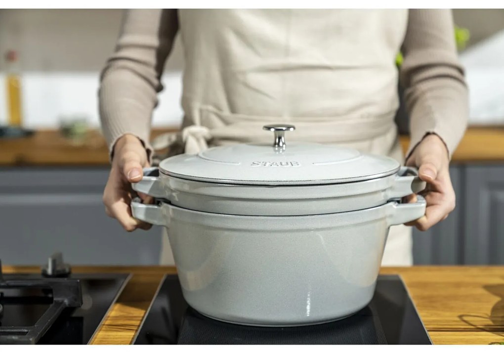 Staub Cocotte 2 dílná sada litinového hrnce a pánve 24 cm, bílá lanýžová, 145624107