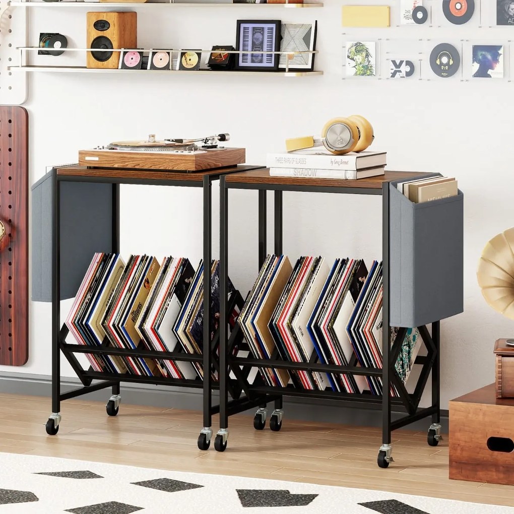 Costway Pojízdný stolek na gramofon s držákem časopisů, hnědý