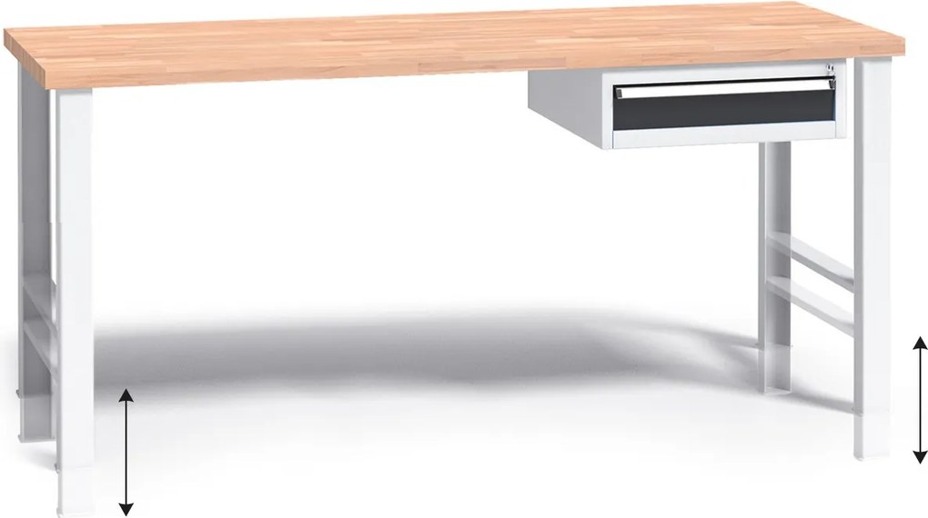 Výškově nastavitelný pracovní stůl do dílny G3 se závěsným boxem na nářadí, buková spárovka, 1 zásuvka, 1700 x 685 x 840 - 1050 mm, grafit