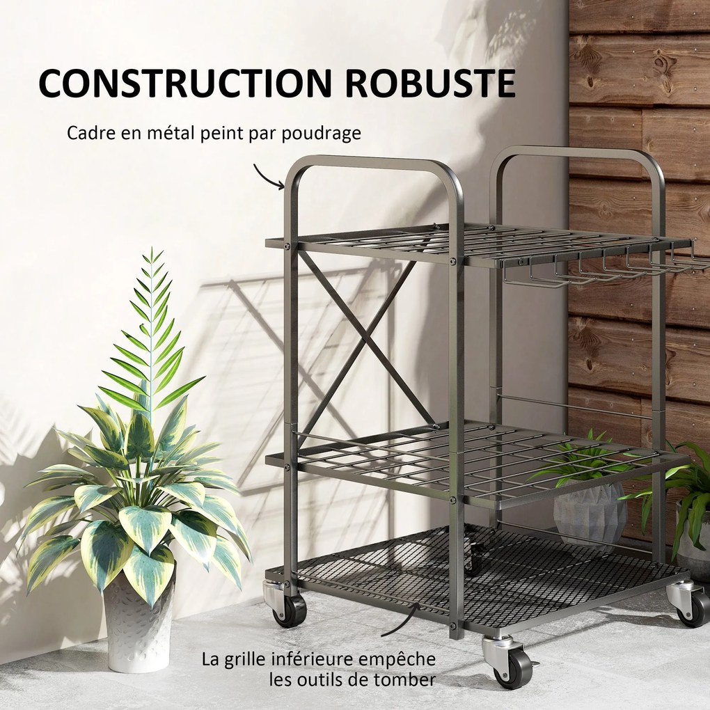 Organizér na zahradní nářadí Outsunny s 9 háčky, držák na 40 nástrojů, kovový regál na kolečkách do garáže pro nůžky, lopaty, hrábě, černý