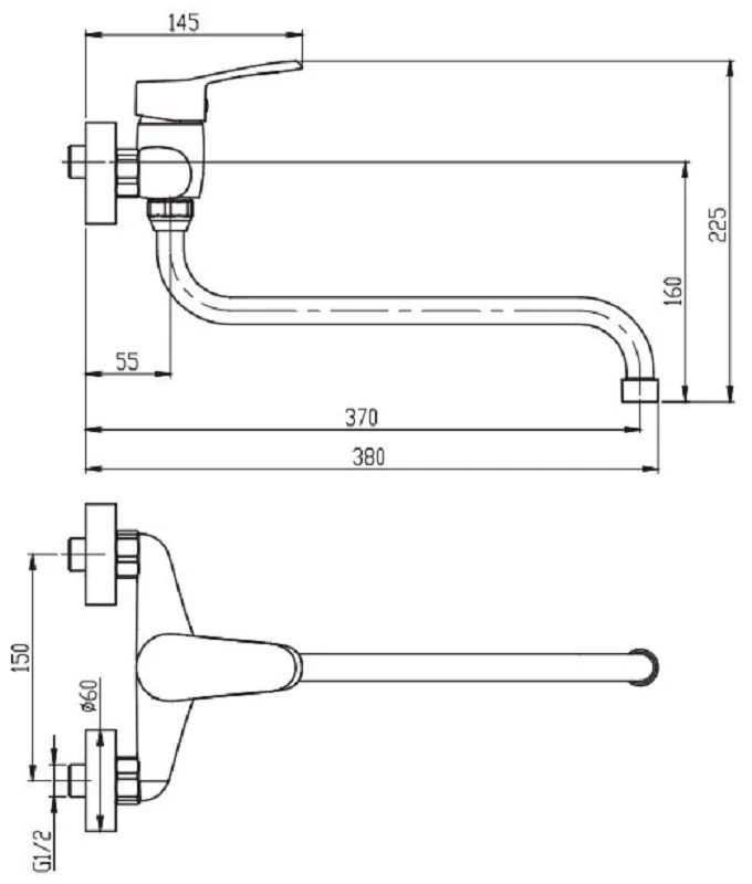 Dřezová, nástěnná, páková baterie Plano Metalia S ramínko 33 cm rozteč 150 mm