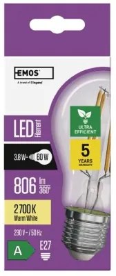 Emos lighting LED žárovka Filament A60 A CLASS / E27 / 3,8 W (60 W) / 806 lm / teplá bílá 1525283273