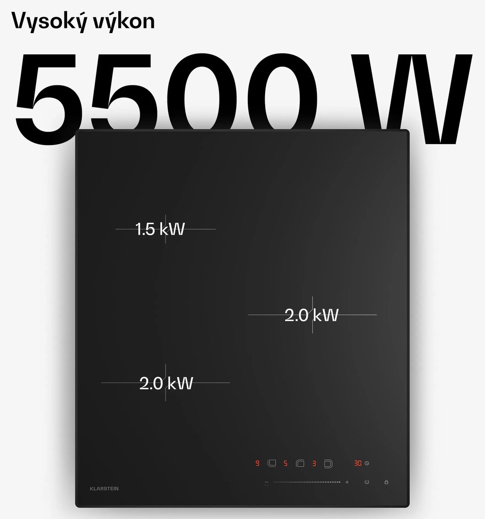 Klarstein Velaire indukční varná deska | Elegantní, minimalistická, úsporná na místo | 3 varné zóny | 5500 W | 45 cm