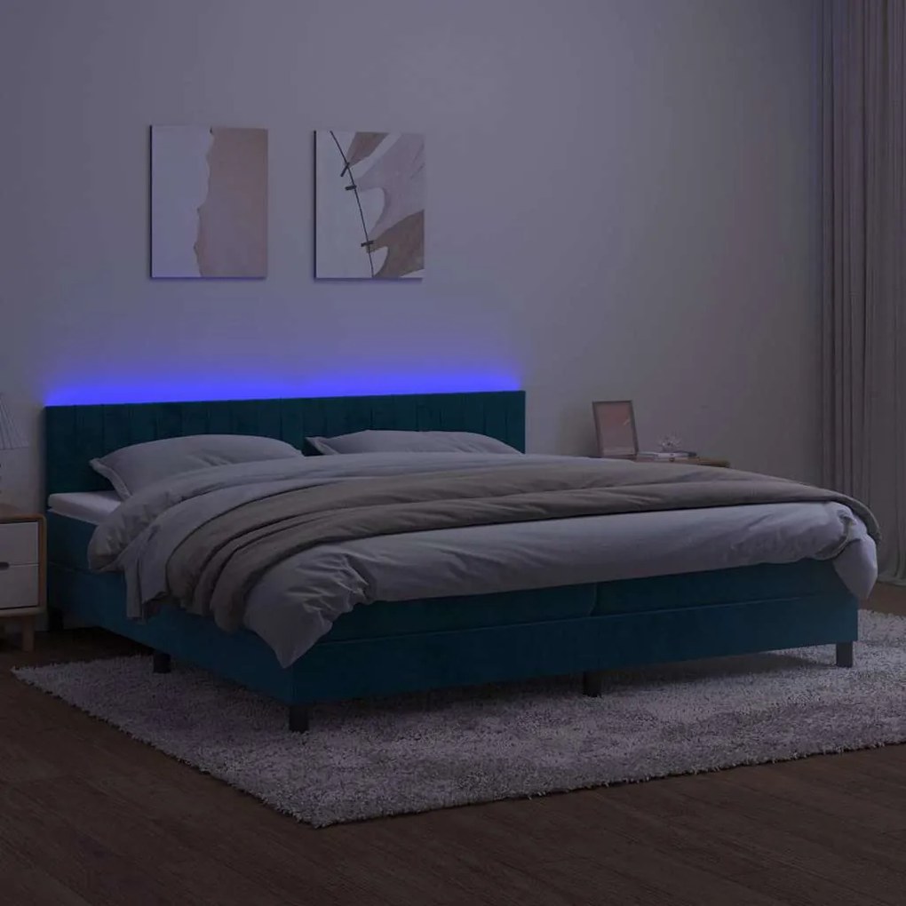 Box spring postel s matrací a LED tmavě modrá 200x200 cm samet 3134547