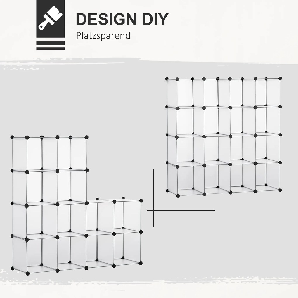 HOMCOM DIY kostkový policový systém 16 kostek úložný box plastová skříňka bílá 125x32x125cm ideální pro dětský pokoj a obývací pokoj