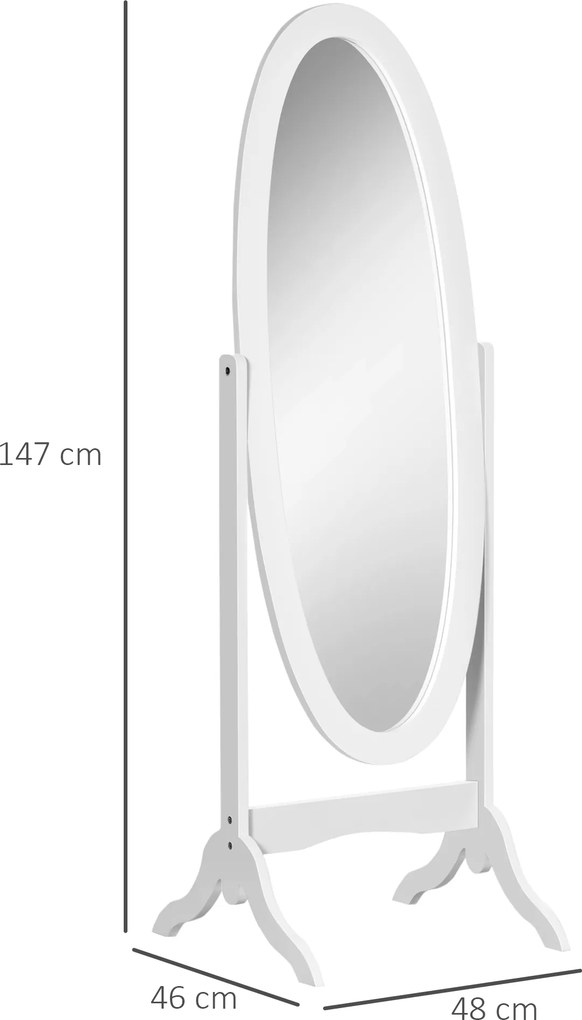 HOMCOM Oválné zrcadlo v stylu shabby chic s nastavitelným náklonem, 48D x 46Š x 147V cm, MDF Bílá