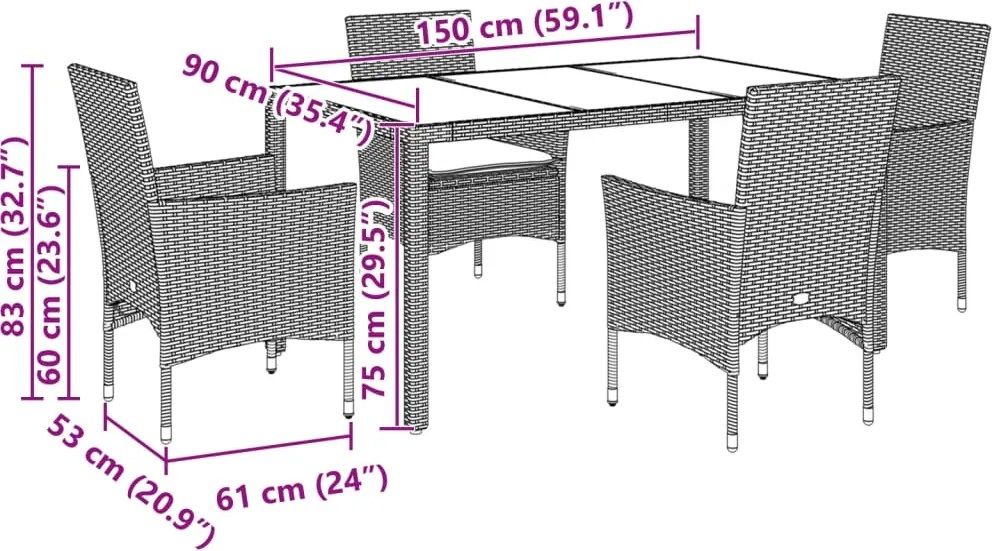 5dílný zahradní jídelní set s poduškami černý polyratan a sklo 3278539