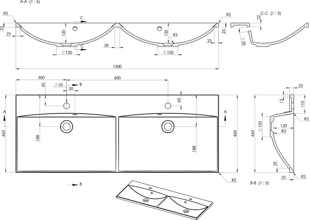 Sapho Maria MA120 dvojumyvadlo 120 x 46 cm litý mramor