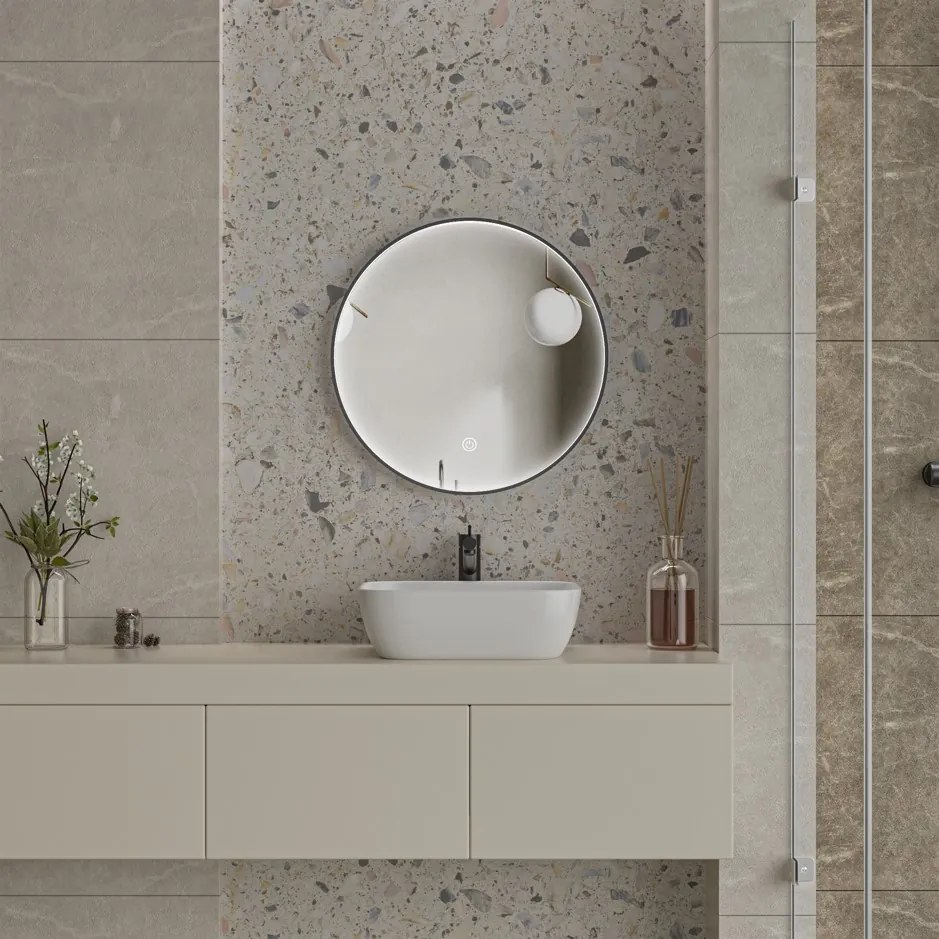 Erga Charlotte, kulaté LED zrcadlo 60cm, černý kovový rám, 1380 lm, 6500K, přední boční osvětlení, ERG-V01-204-6060-BK