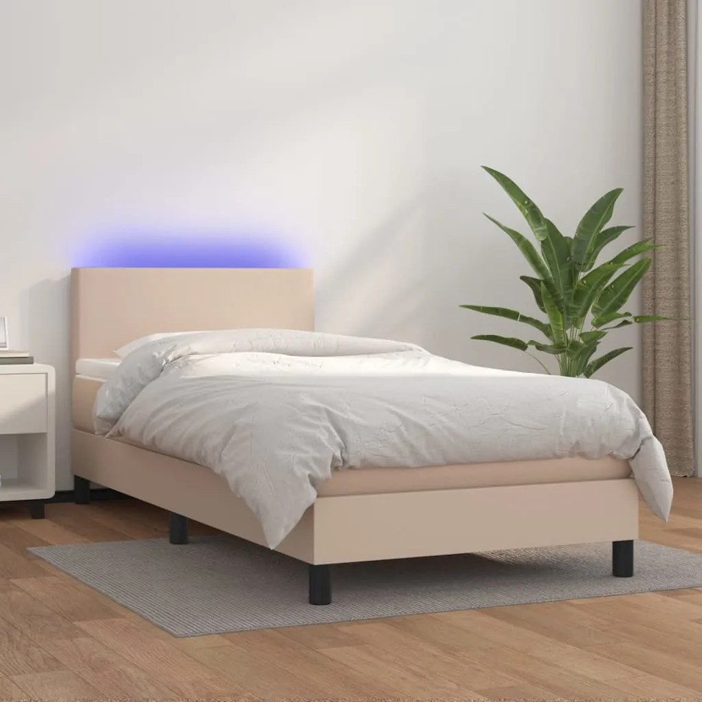 Box spring postel matrace a LED cappuccino 90x190 cm umělá kůže