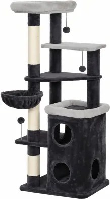 PawHut Kočičí škrabadlo 148 cm s dvoupatrovou jeskyní, 2 postýlky, houpací síť, sisalový sloupek, 3 míčky, tmavě šedá